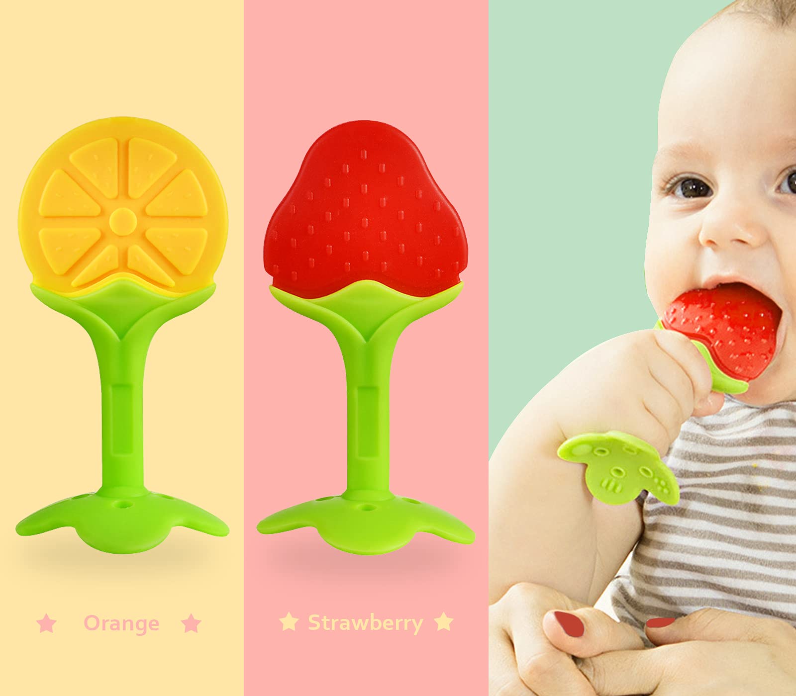 Baby Teething Toys, Alled Teethers for Newborn Infants Girls Boys, Teething Toy Silicone Freezer Safe,Freezable Teether with Baby Fruit Feeders/Hollow Teething Tubes/Holder Strap Clip/Storage Case