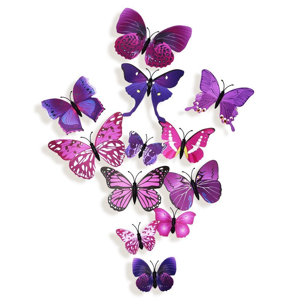 AKOAK 24 Pcs 3D Butterfly Wall Stickers Art Decor Decals with Sponge Gum and Magnet(Purple)