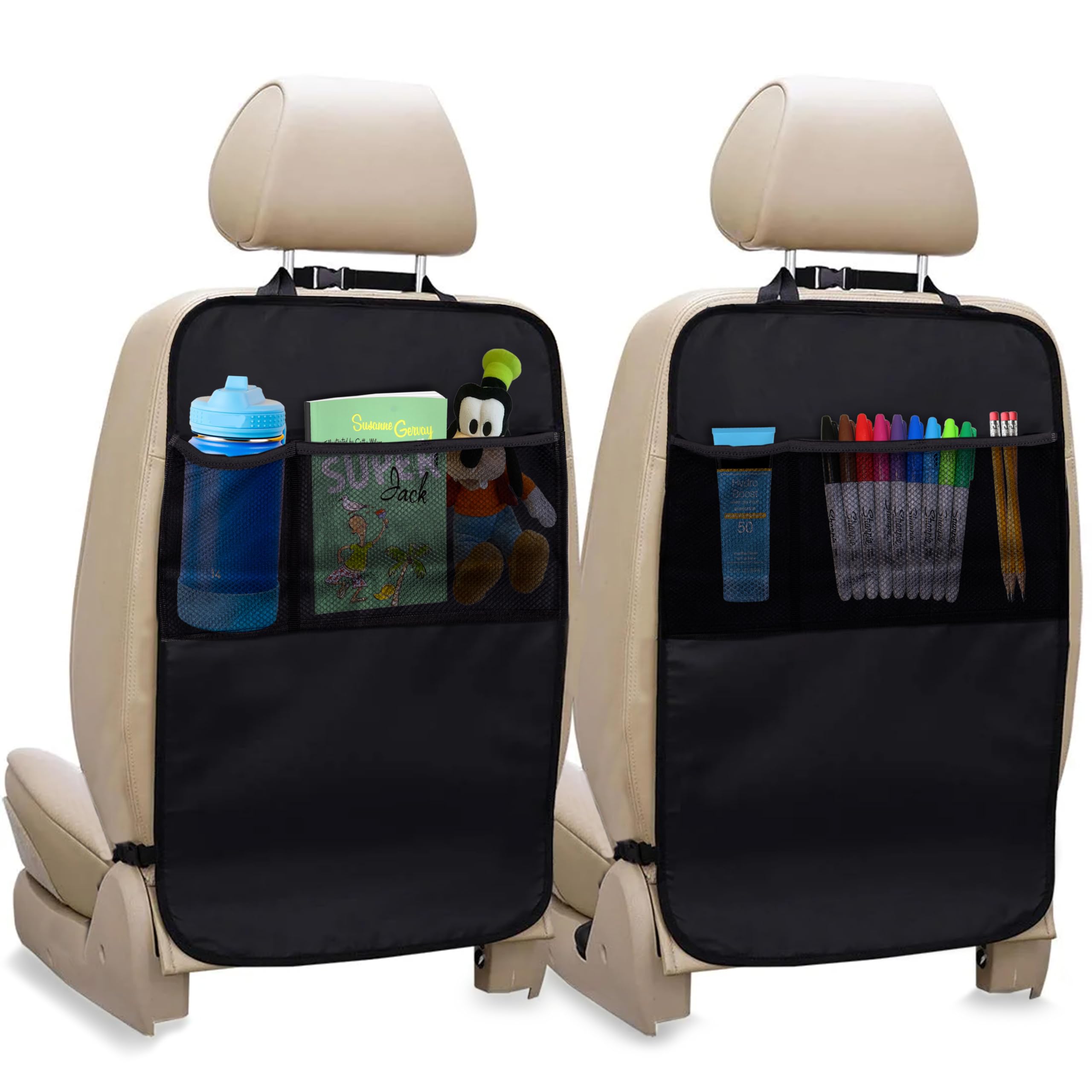 EcoNour Car Seat Cover for Kids (2-Pack) | Premium Waterproof Fabric Back Seat Cover | Car Kick Mats with 3 Pocket Protector | Essential Car Seat Protector for Child Car Seat | Car Seat Protector