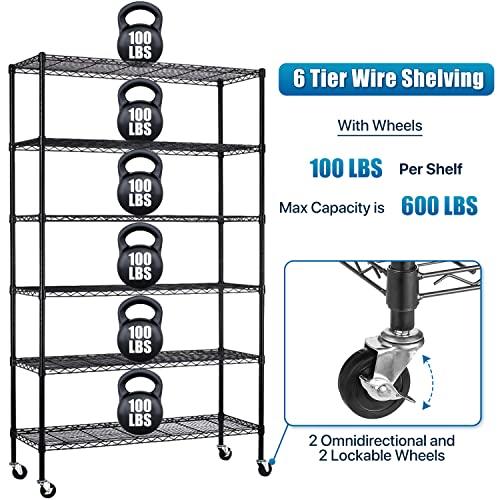 Dkelincs 6 Tier Wire Shelving Unit with Wheels 48" X 18" X 76" Metal Storage Shelves Height Adjustable NSF Heavy Duty Commercial Grade Garage Shelf Rack for Kitchen Basement Restaurant,Black