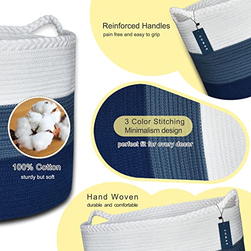 COMSE Extra Large Blanket Basket, Storage Basket, Laundry Basket, 21.7βx 13.8β, Laundry Hamper, Cotton Rope Basket, Blanket Basket Living Room, Toy Basket (White & Cadet Blue & Navy Blue)
