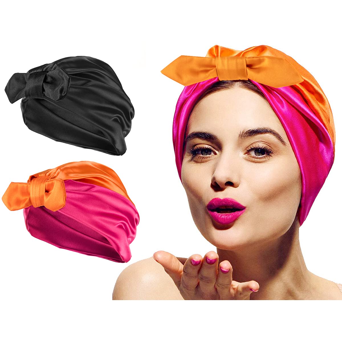 2pcs Non-slip Elastic Silk Bonnet Sleep Cap for Woman Girl Curly Long Hair