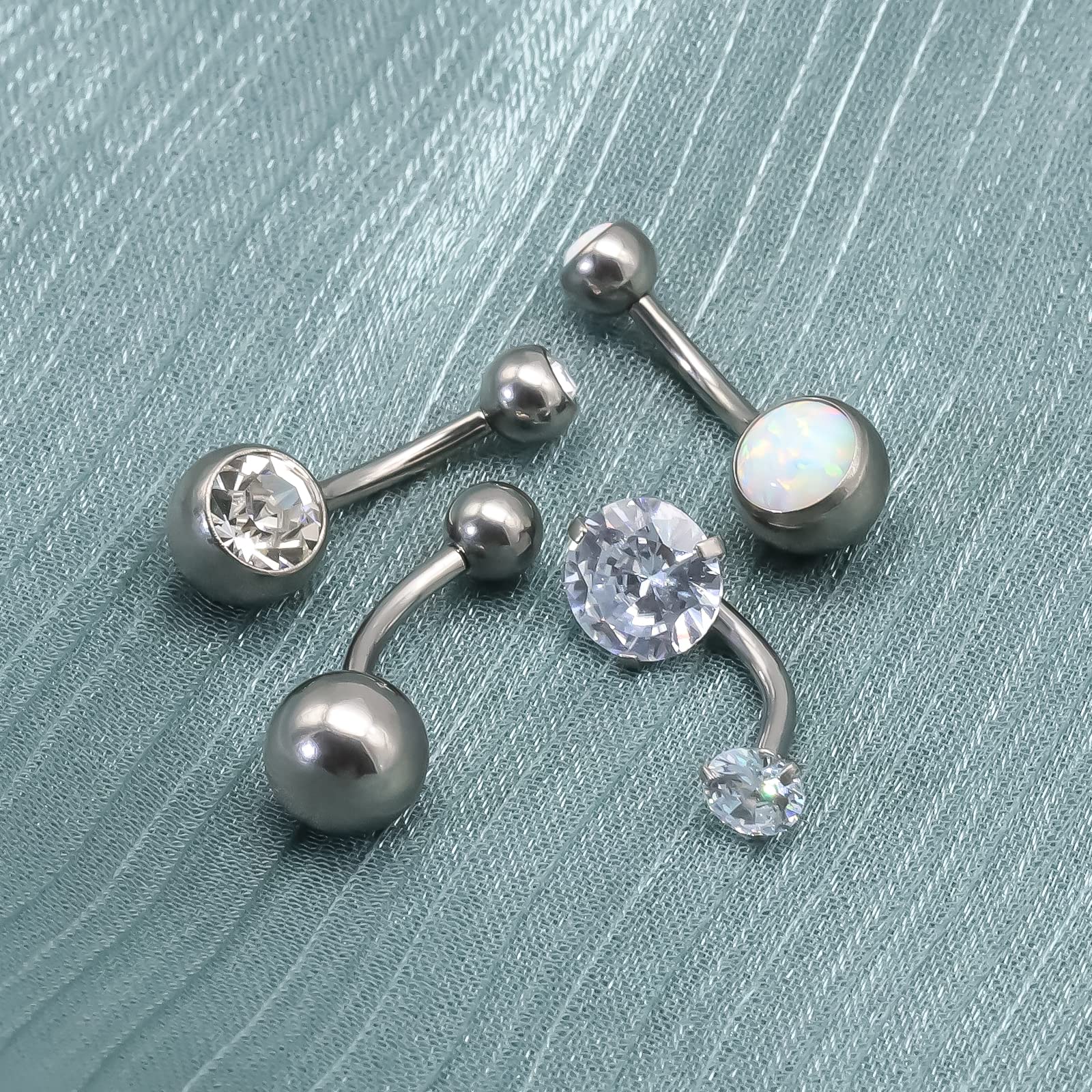 3Pcs G23 Titanium Belly Rings 14G Internally Threaded Belly Button Rings Round Cubic Zirconia CZ Opal Stone Navel Barbell Rings Stud Body Piercing Jewelry