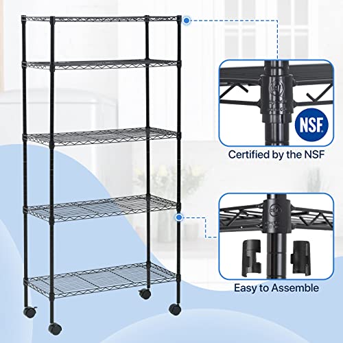 Dkeli 5 Tier Wire Shelving with Wheels, 14"x30"x60" Storage Shelves NSF Heavy Duty Adjustable Utility Rolling Steel Garage Shelving Metal Storage Rack, Black