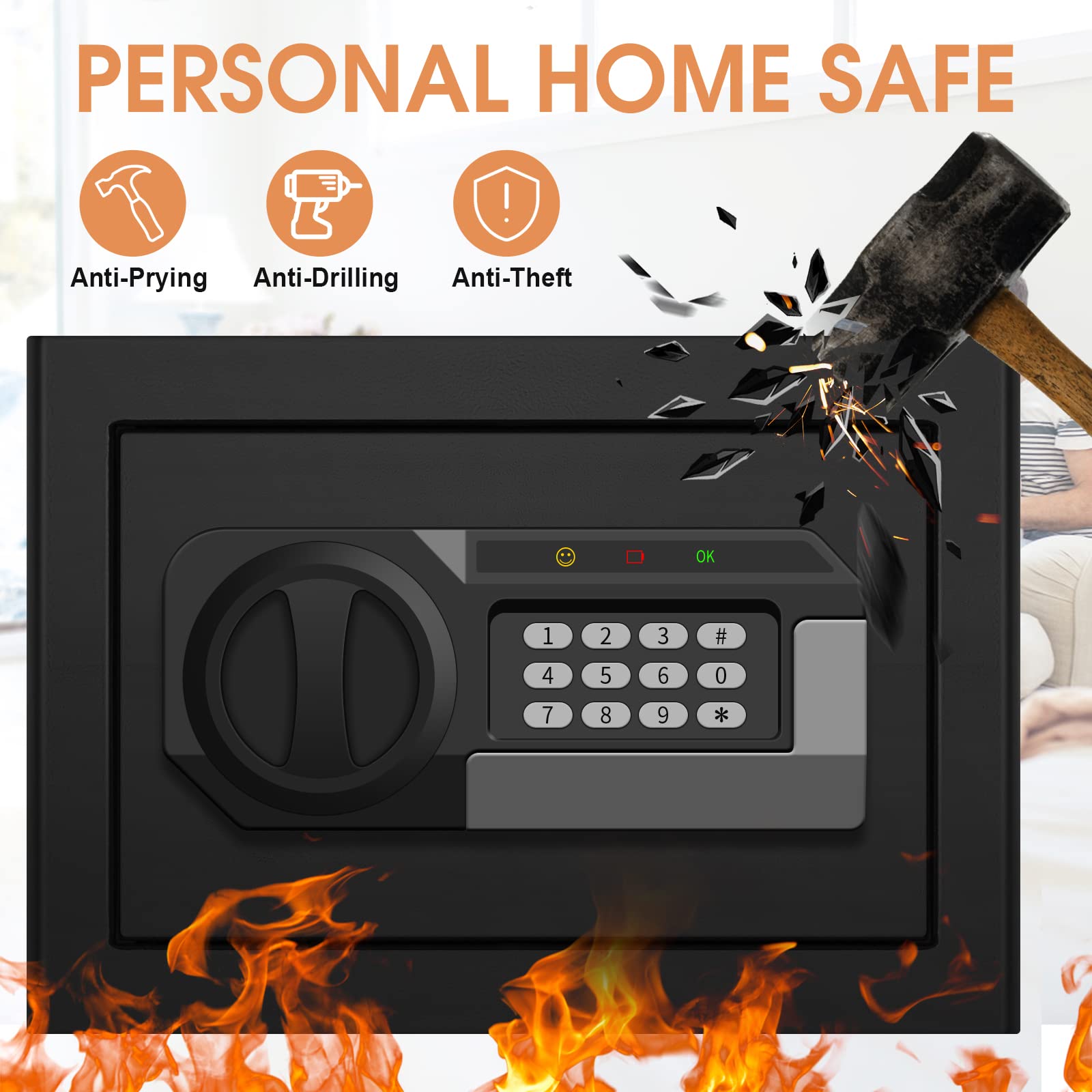 2.1 Cub Large Safe Box Fireproof Waterproof for Home, Personal Fireproof Safe With Removable Shelf, Smart Alarm, LEd Light, Silent Mode, Security Money Safes for Firearm Jewelry Medicine A4 Document…