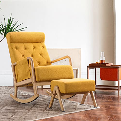 Comfy Rocking Chair with Ottoman, Upholstered Glider Rocker for Baby Nursery, Mid Century Modern Accent Armchair with Side Pocket for Living Room and Bedroom, Yellow Linen