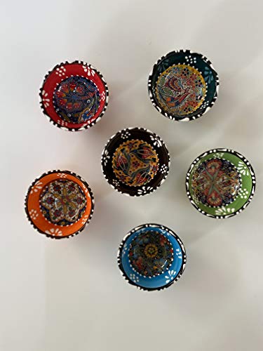 Tubibu Decorative Desing Turkish Ceramic Bowl Set of 6 - Handcrafted Pinch Multicolor Finger Small Serving Bowls (Deco, 3.15")