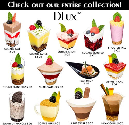 DLux 50 x 5 oz Mini Dessert Cups with Spoons, Square Large - Clear Plastic Parfait Appetizer Cup - Small Reusable Serving Bowl for Tasting Party Desserts Appetizers - With Recipe Ebook
