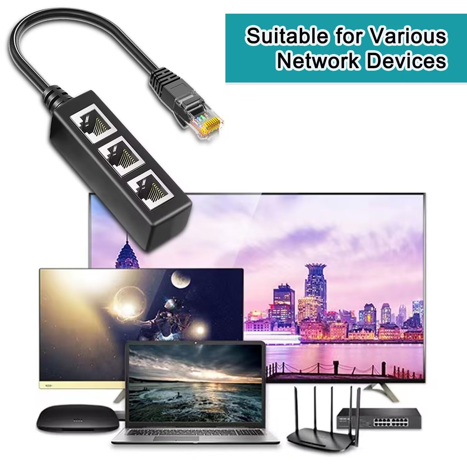 Tomjoy RJ45 Ethernet Splitter Cable, vienon RJ45 Y Splitter Adapter 1 to 3 Port Ethernet Switch Adapter Cable for CAT 5 / CAT 6 LAN Ethernet Socket Connector Adapter Cat5 Cat6 Cable Adapter Black