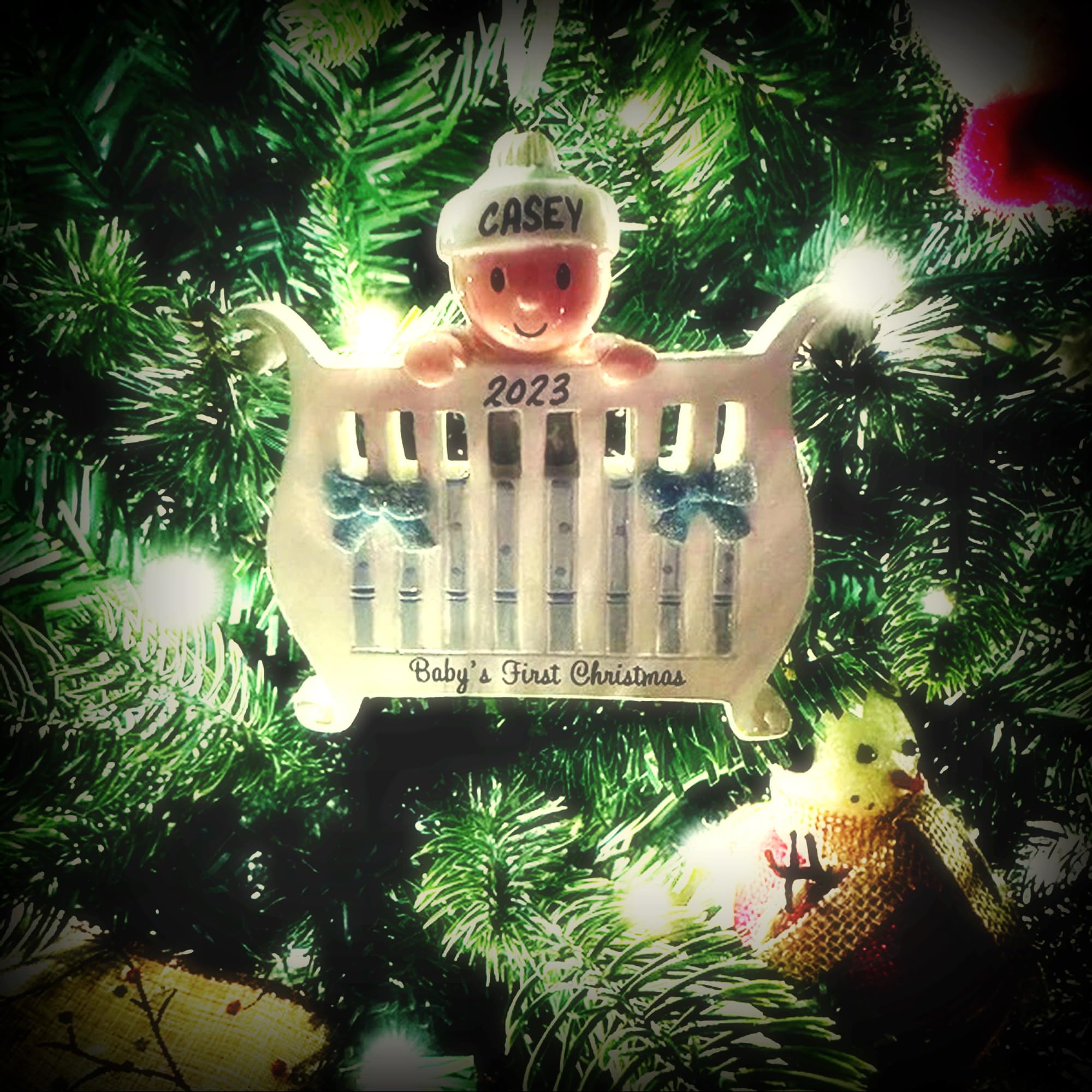 Personalized Baby in a Crib First Christmas Ornament (Blue)
