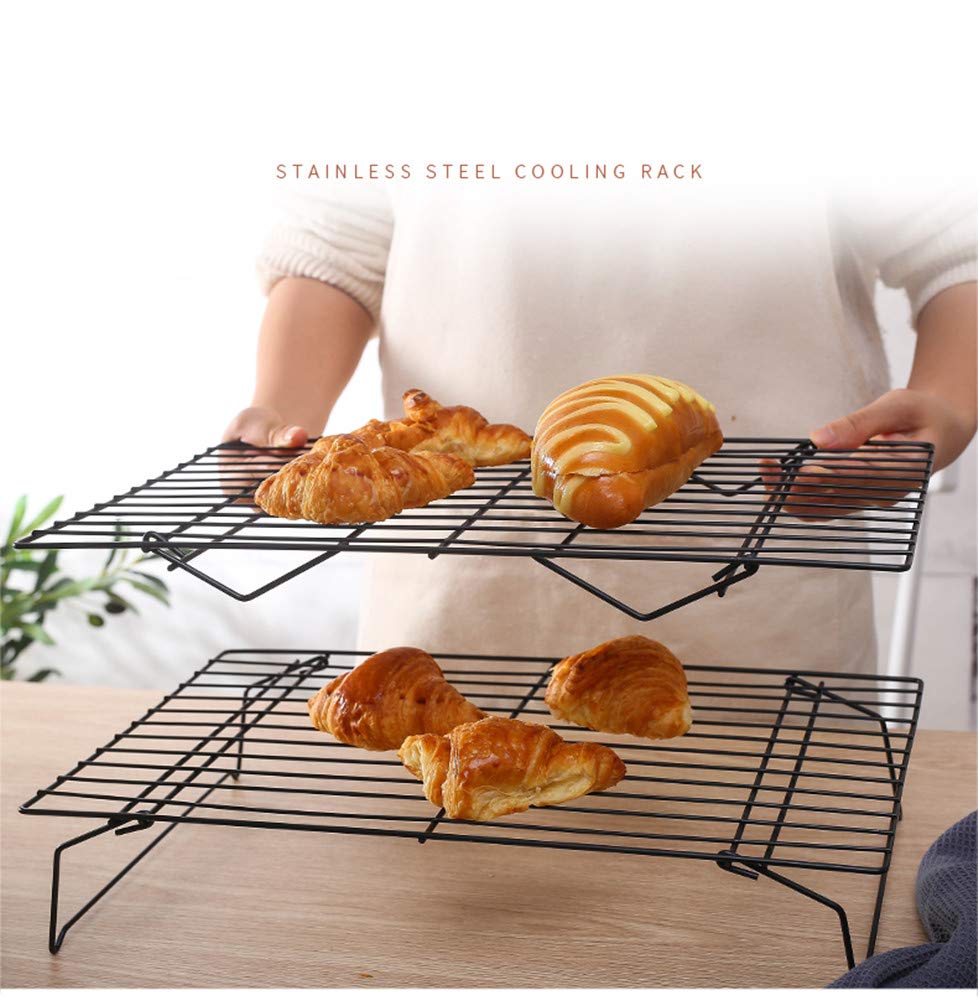 3 Tier Non Stick Cake Cooling Rack - Oven Safe, Heat Resistant, Space Saving Stackable Wire Tray with Collapsible Legs for Roasting, Cooking, Grilling, Drying, Plus Multi-use Basting Brush, 10x16 in