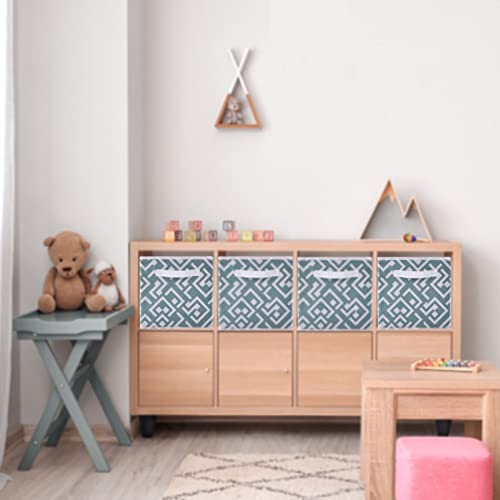 4 pc Cube Storage Bin Set – 11 inch Foldable Storage Cubes - Fabric Bins for Shelf, Closet, Clothes Organizer, 11X11 Foldable Basket, Decorative Cute Pattern Canvas Organization (Yellow, Blue & Brown) (Blue)