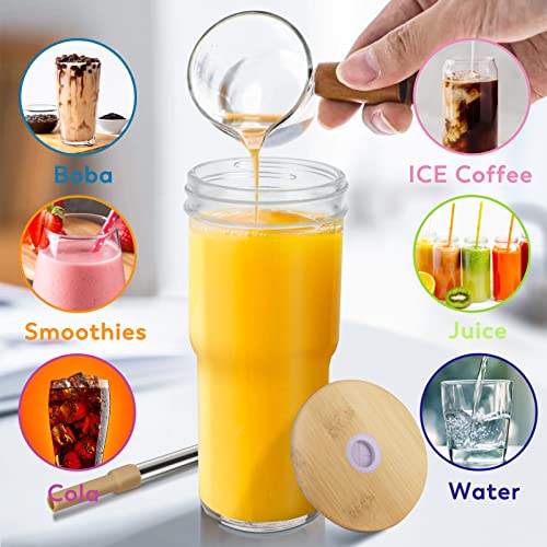 Cafezi 24oz Mason Jar Drinking Glasses with Bamboo Lids and Straws 2 Pack,Reusable Boba Cup Smoothie Tumbler Glass Bubble Tea Cup,Iced Coffee Cup,BPA Free, Dishwasher Safe