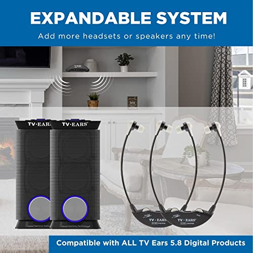 TV Ears 5.8 Digital Wireless Headset System - Long Range, Personal Volume Control, Quiet to Loud, Supports All TVs, Ideal for Seniors & Hearing Impaired, Plug N' Play, No Audio Delay, Dr Rec - 22741