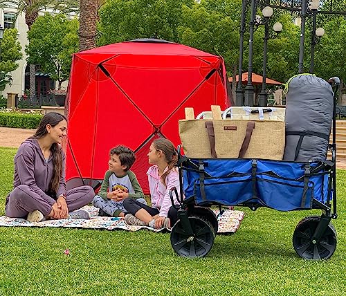 Beach Wagon Folding with Large Sand Wheels Heavy Duty Collapsible Cart with Patent Pending Beach Chair Holder Great for Ocean, Camping and Fishing β Solid Blue Color