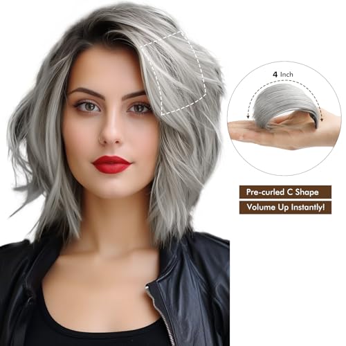 REECHO 2 pack 4 inch Short Thick Hairpieces Adding Extra Hair Volume Clip in Hair Extensions Hair Topper for Thinning Hair Women Color Silver Grey