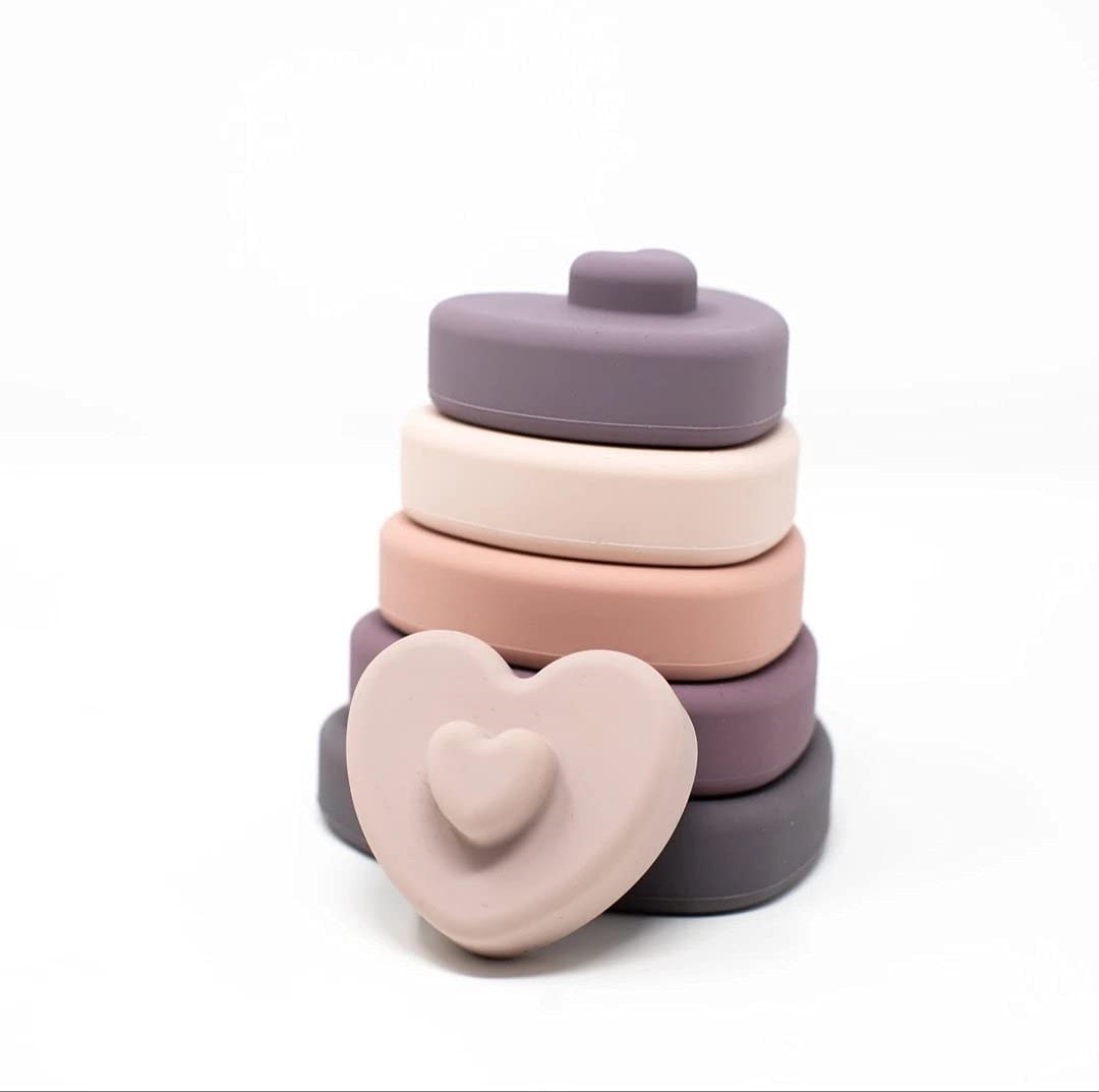 Baby Step Silicone Stacking Toys for Babies – Soft Building Tower & Baby Teether, Educational Ring Stacker Baby Sensory Toy, 6 Pieces Heart Shaped Purple Stacking Rings Tower