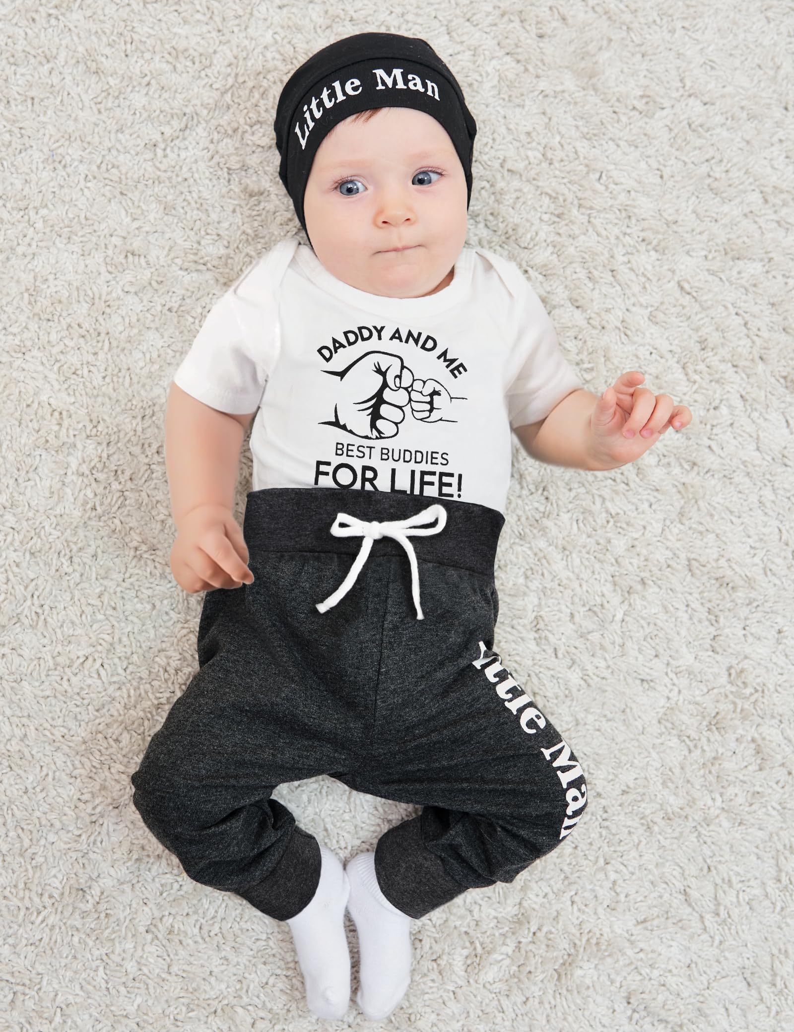 TUEMOS Baby Boy Clothes Daddy and Me The Best Buddies for Life Letter Print Romper Top+Pant with Hat Baby Boy Summer Outfits 3-6 Months