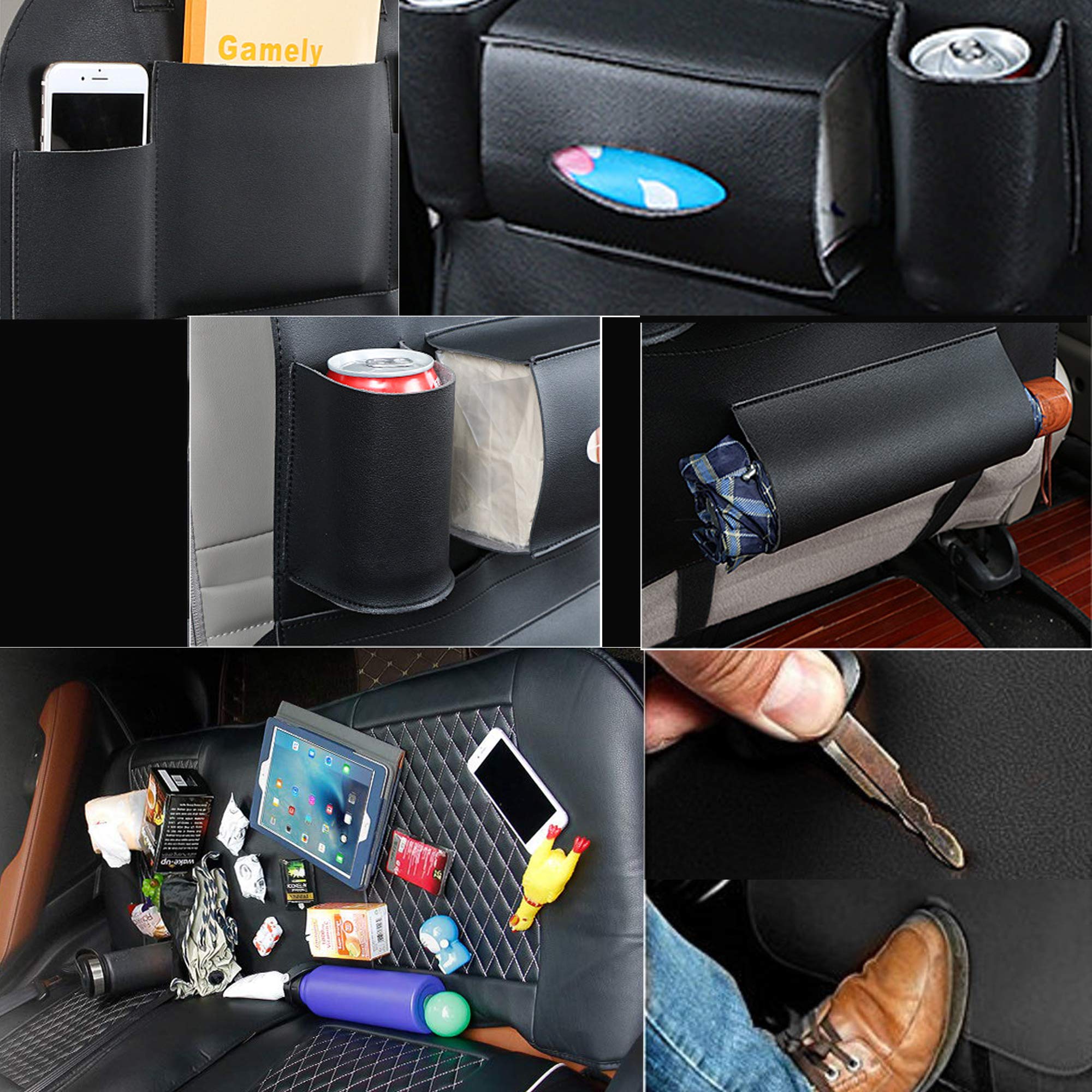 2PCS Car Backseat Organizer Luxury PU Leather Seat Back Protector Truck Seat Organizer Seat Back Covers Kick Mats, Car Seat Back Cup Drinks Umbrella Holders Tissue Box, Toy Organizer (Black, 2pcs)