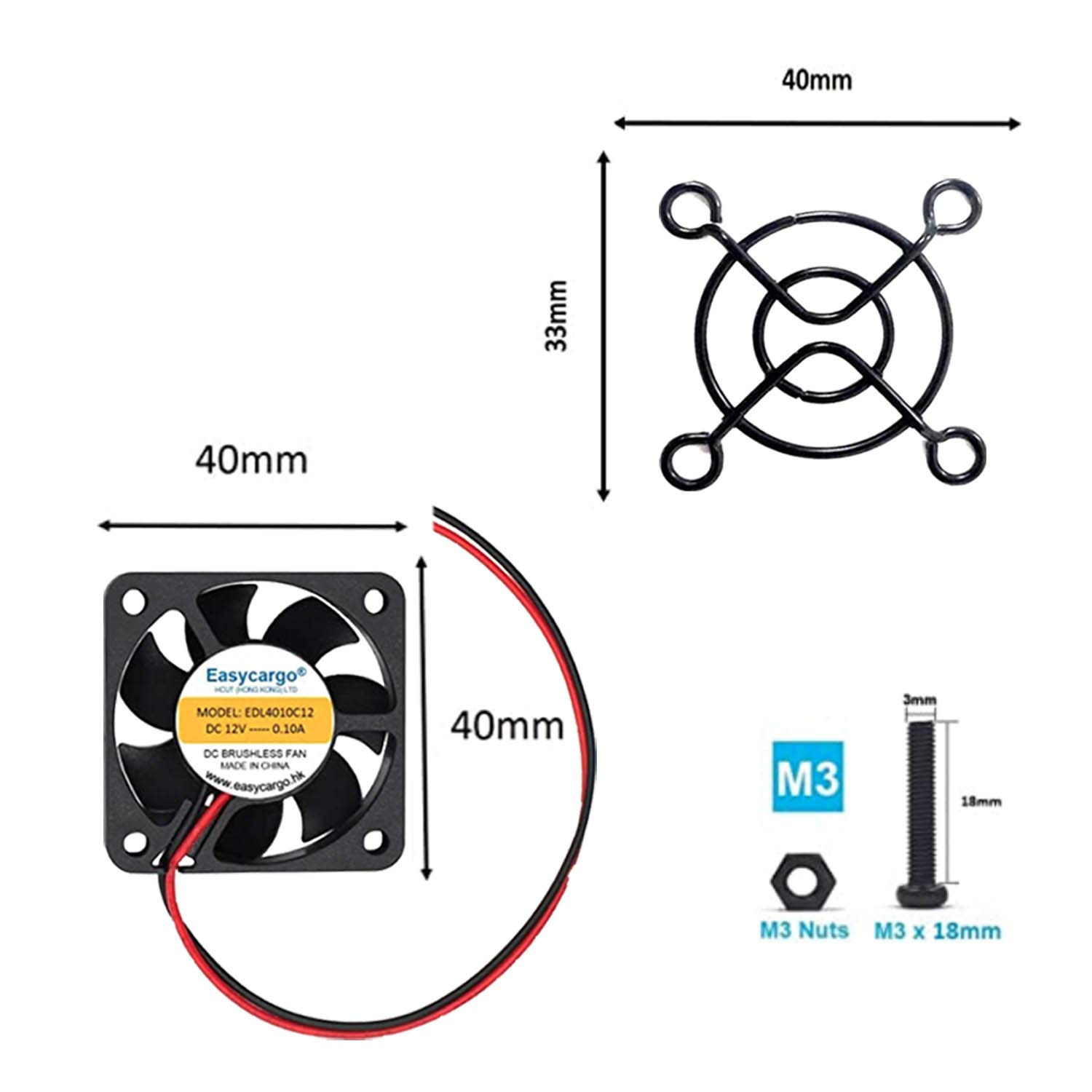 Easycargo 4pcs 3D printer 40mm Fan 12V DC, 4010 Cooling Fan Sleeve Bearing Brushless 2 pin, 40mm Cooler Fan + Grill Mounting Kit 40mm x 40mm x10mm
