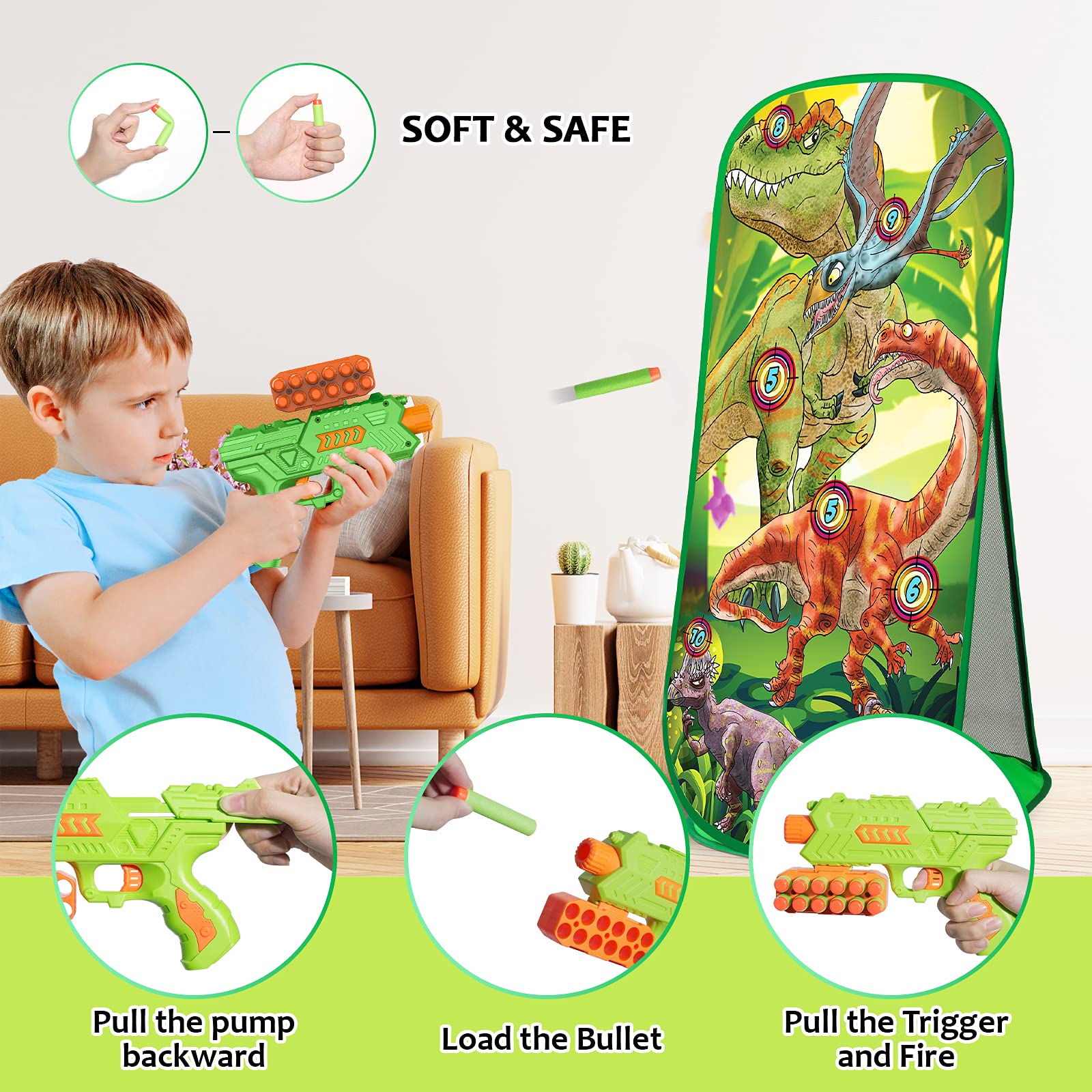ABERLLS Shooting Game Toy for Age 5 6 7 8 9 10+ Years Old Kids, Boys, Dinosaur Shooting Target with 2 Foam Dart Blasters 40 Foam Darts, Ideal Kids Gift for Indoor Outdoor