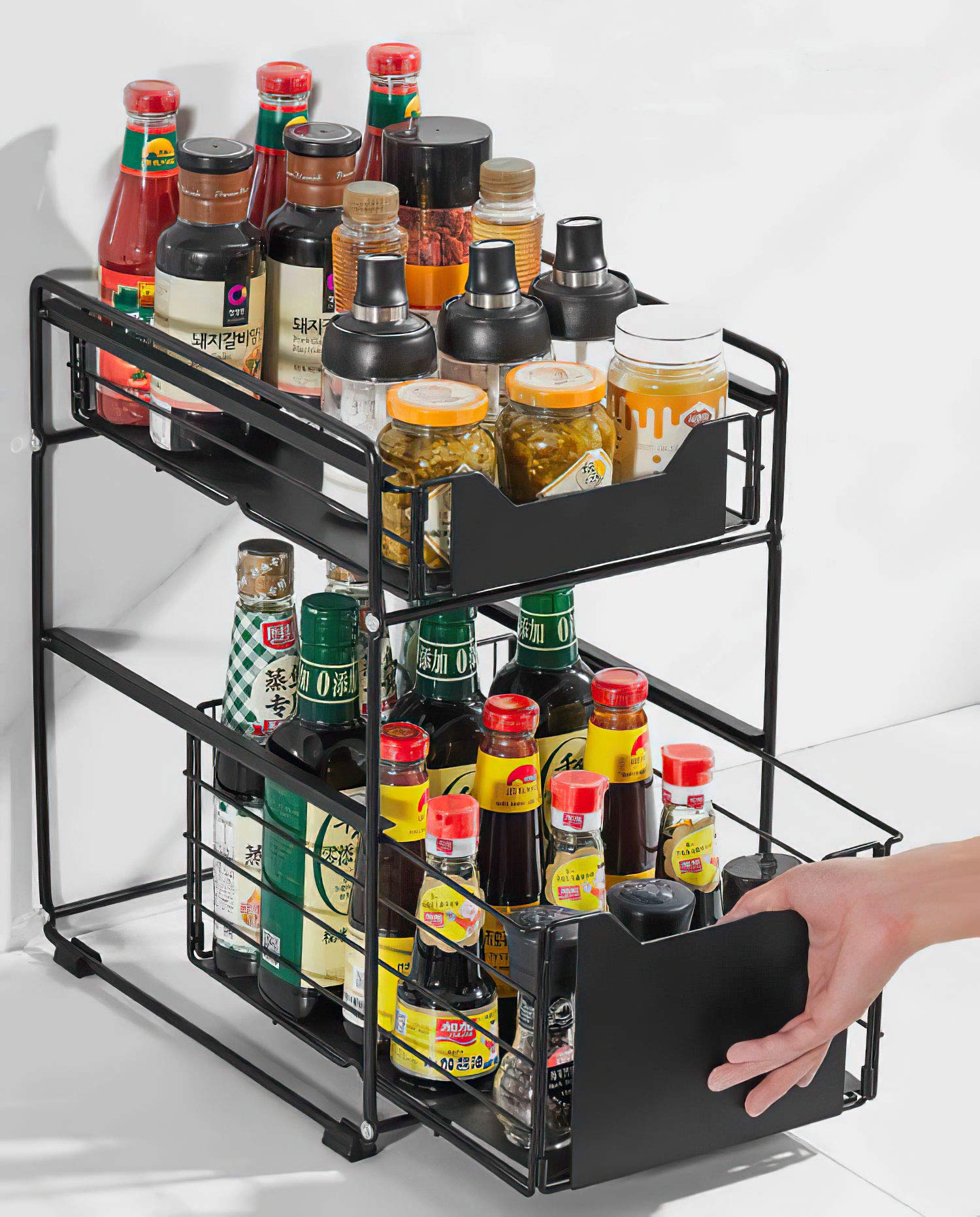 2 Tier Sliding Cabinet Basket Drawer Sliding Basket Under Sink Cabinet Storage Shelf for Kitchen Countertop Pantry Bathroom Office Desktop - Black