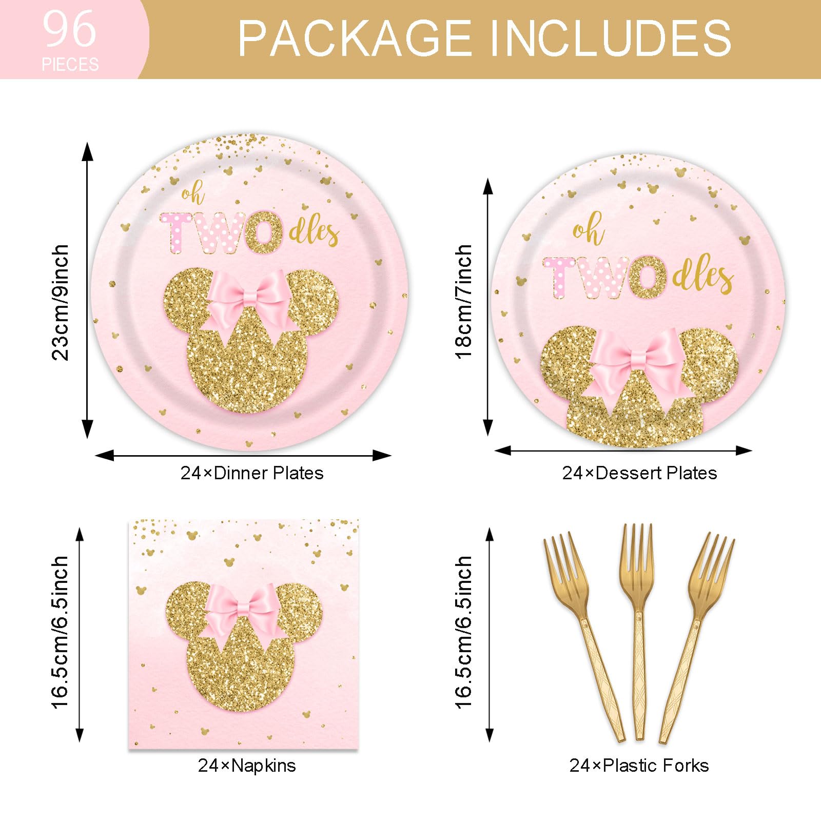 96 PCS Cartoon Mouse 2nd Plates and Napkins Party Supplies Girls Oh Twodles Mouse Happy 2nd Birthday Tableware Set Two Years Old Birthday Dinnerware Party Decorations Serve 24 Guests