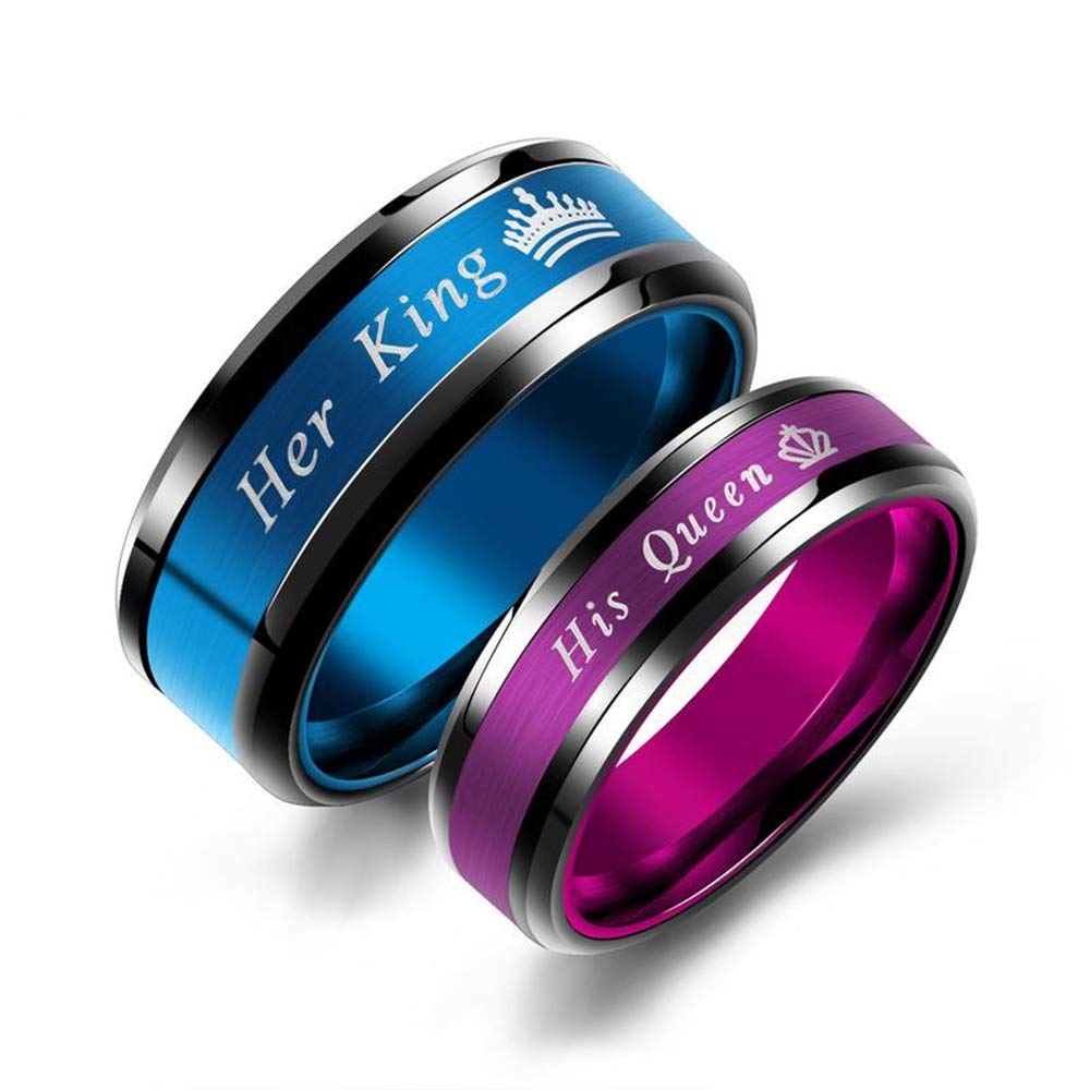 2pcs Matching Set Couple Rings Stainless Steel Promise Rings with His Queen and Her King Wedding Engagement Band