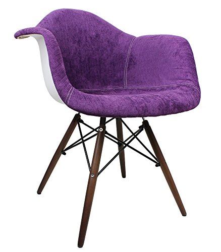 CozyBlock Mid-Century Modern Velvet Fabric Upholstered Accent Arm Chair with Dark Walnut Wood Eiffel Legs Set of 2 (Purple)