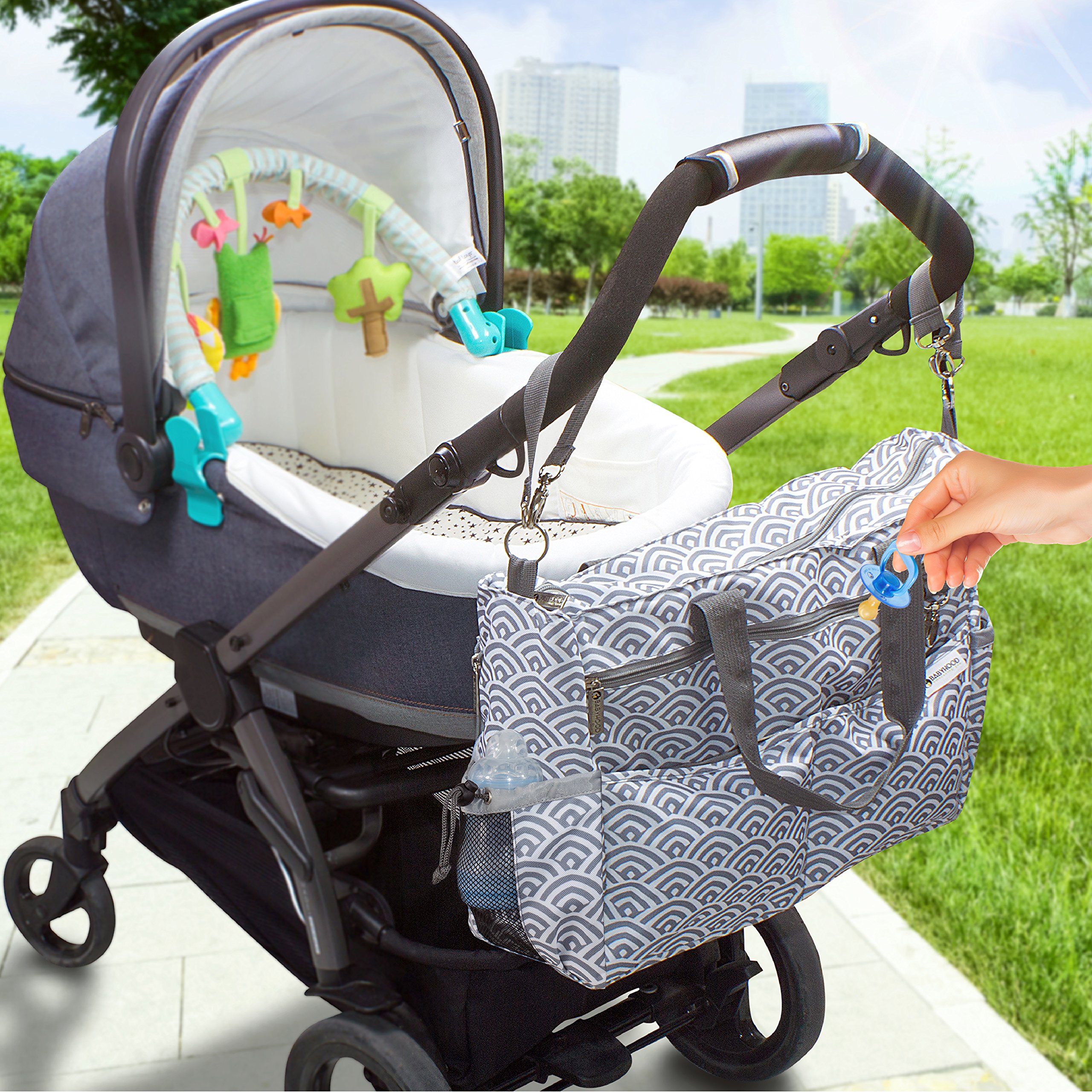 BABYHOOD X-Large Designer Baby Diaper Bag 12 Multi-Use Pockets, Stroller & Shoulder Straps, Insulated Bottle Holders, Padded Changing Mat, Special Summer Sale