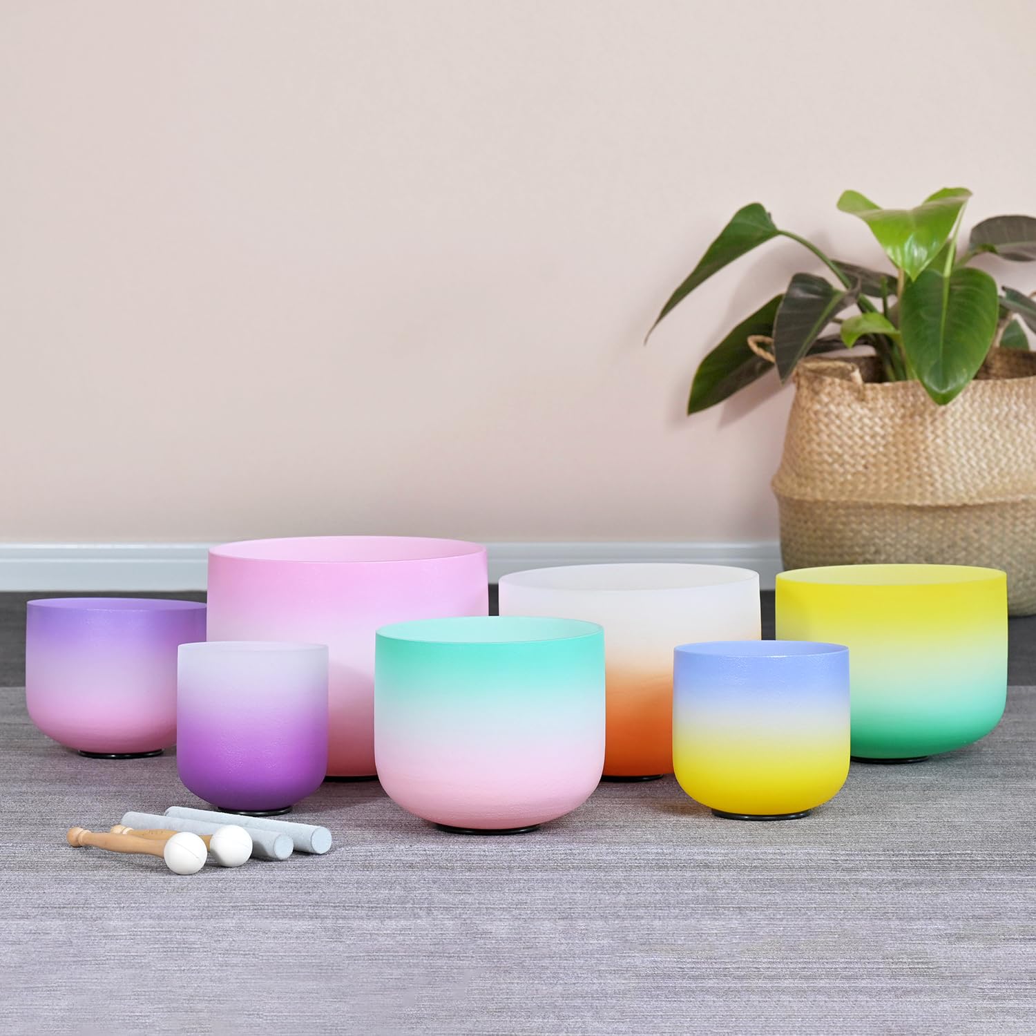 440HZ 6''-12'' Set of 7 PCS Quartz Color Crystal Singing Bowls Sound Healing Meditation