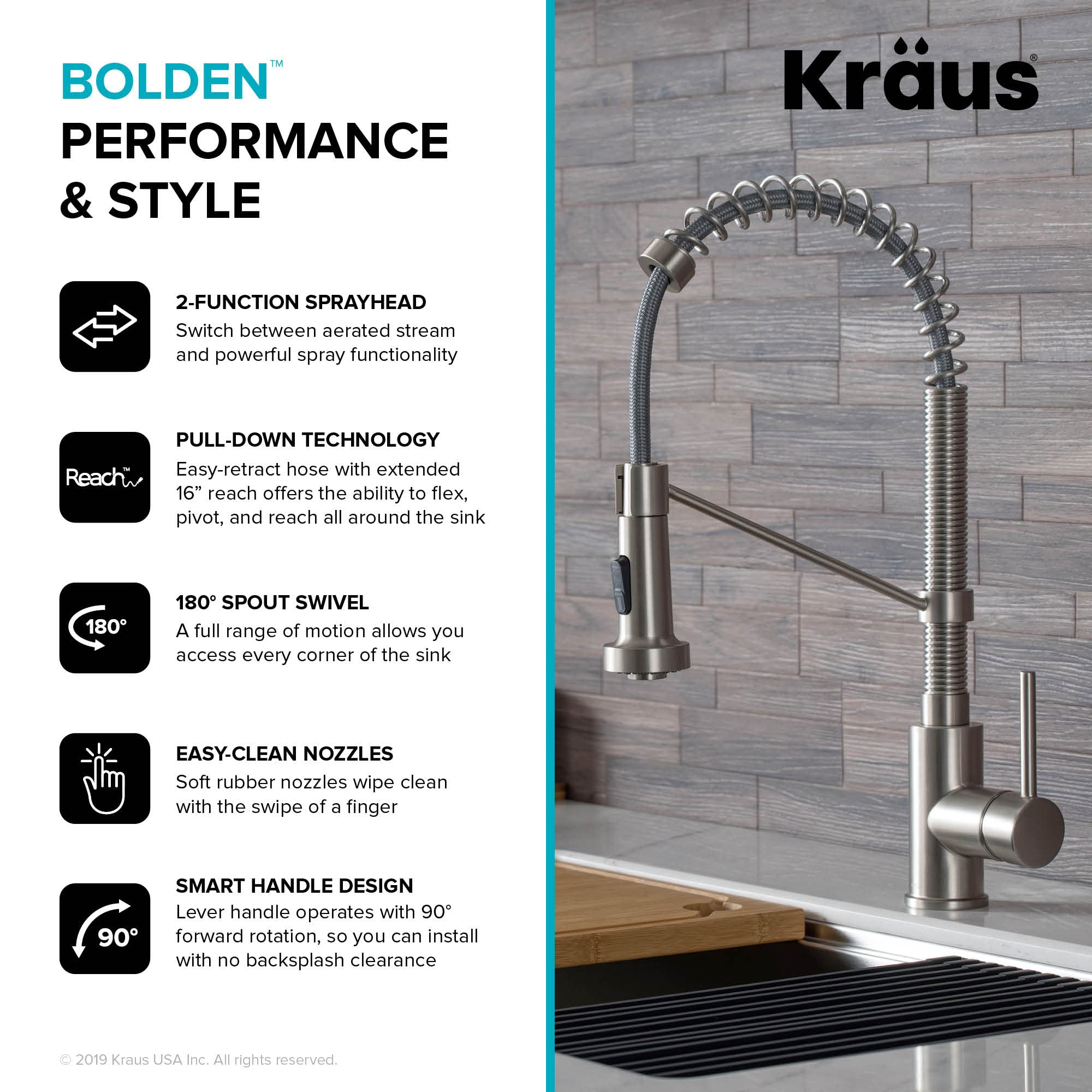 KRAUS Bolden 18-Inch Single Handle Commercial Style Pull-Down Kitchen Faucet with Dual Function Sprayer in Stainless Steel, KPF-1610SS (Pack of 4)