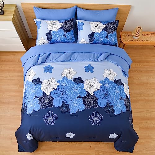 Floral Comforter Set Queen Blue Flower Comforter Set 7 Pieces Bed in a Bag Soft Microfiber Bedding Comforter with Sheets Spring Summer Bed Comforter Set (7pcs,White and Blue Floral Comforter Set)