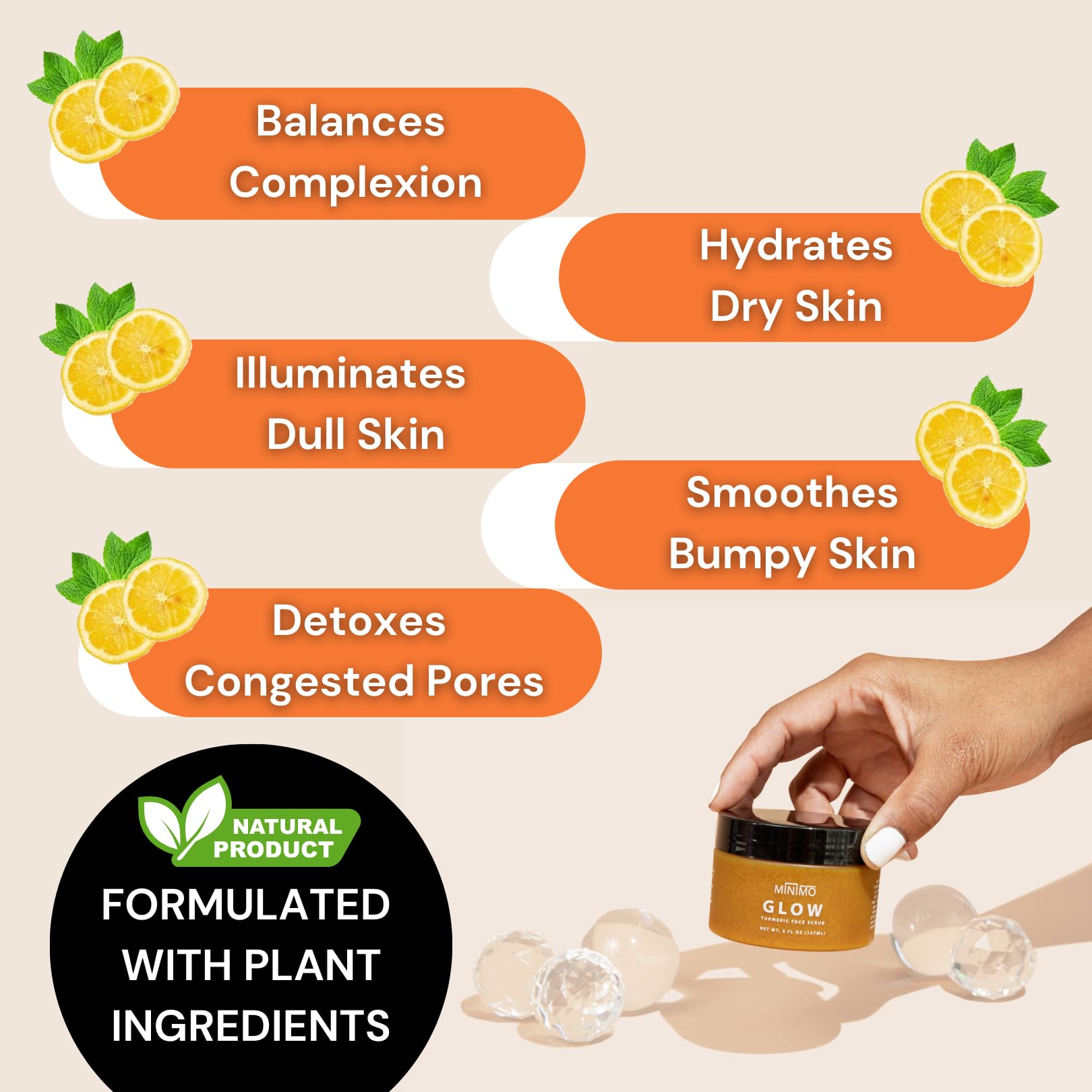 Minimo Glow Turmeric Face Scrub (ππ§π¬πππ§πππ) - Infused with Turmeric, Manuka Honey, Cinnamon, and Chamomile - Face Scrubber for All Skin Types - 5 FL OZ (147 ML)