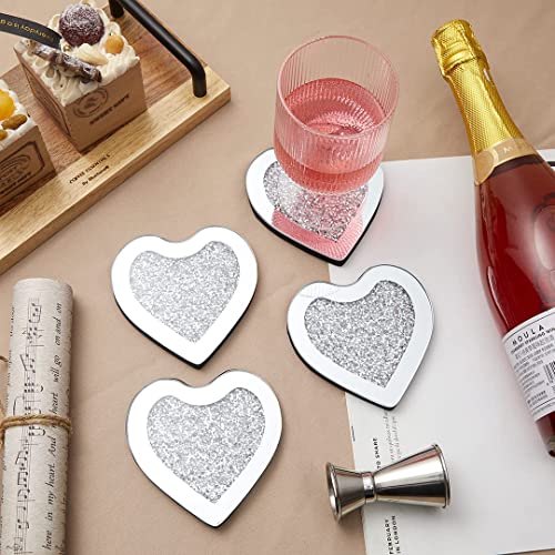 4 Pcs Glass Crystal Coaster,Diamond Mirror Coaster,Silver Luxury Cup Mat,Desktop Advanced Decoration (Heart 4x4in)