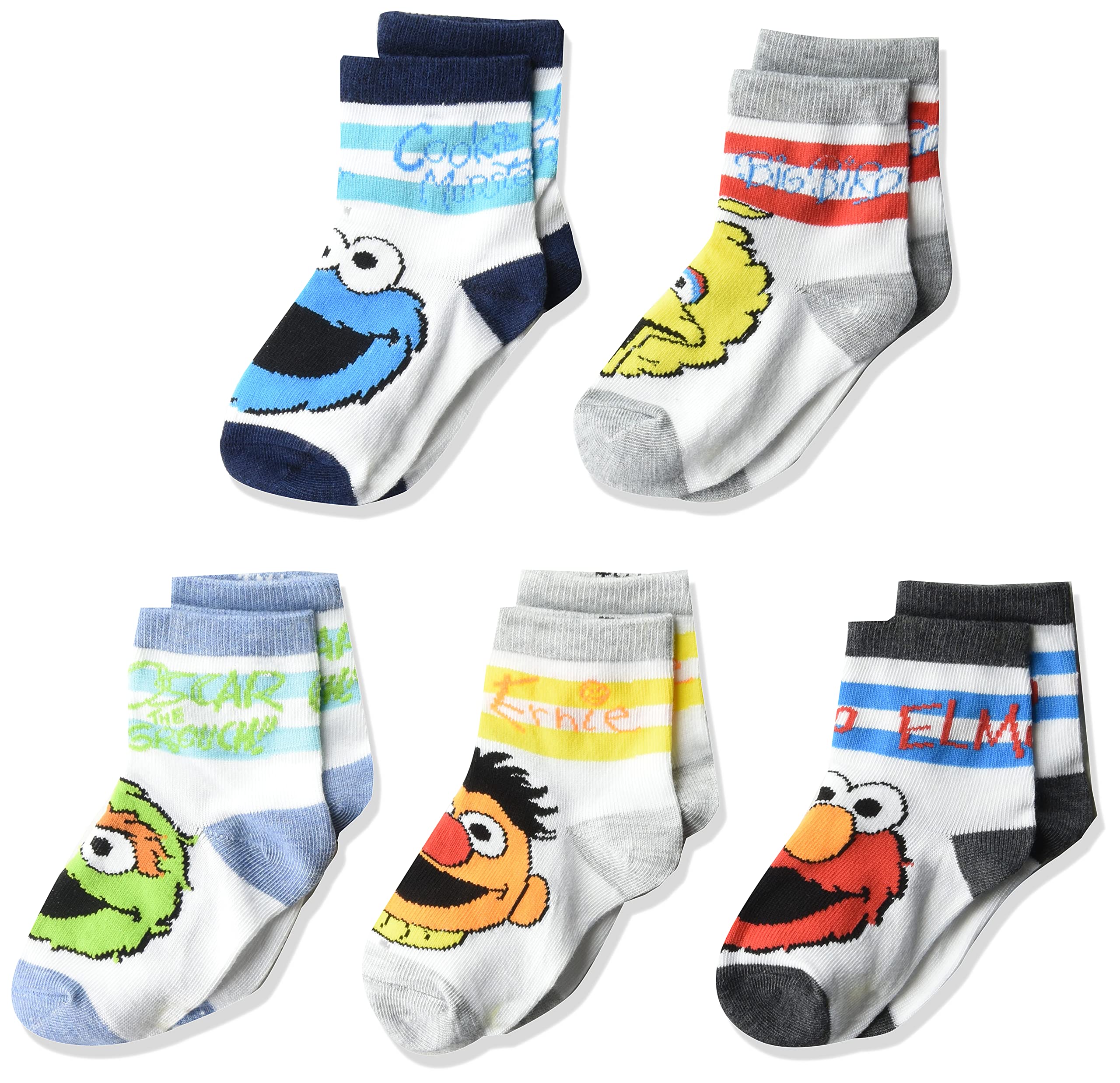 Sesame Street unisex baby Sesame Street 5 Pack Crew Casual Sock, Grey Stripe Multi, 2-4T US