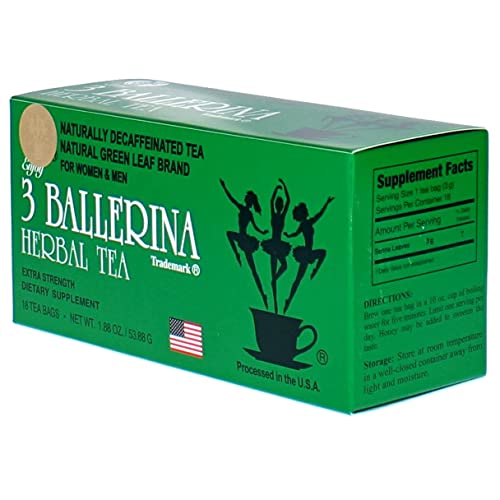 3 Ballerina Chinese Herbal Green Leaf Organic Detox Tea for Weight Loss, Extra Strength- Diet Fat Slimming Drink-Caffeine Free, 18 Tea Bags (1 Box)