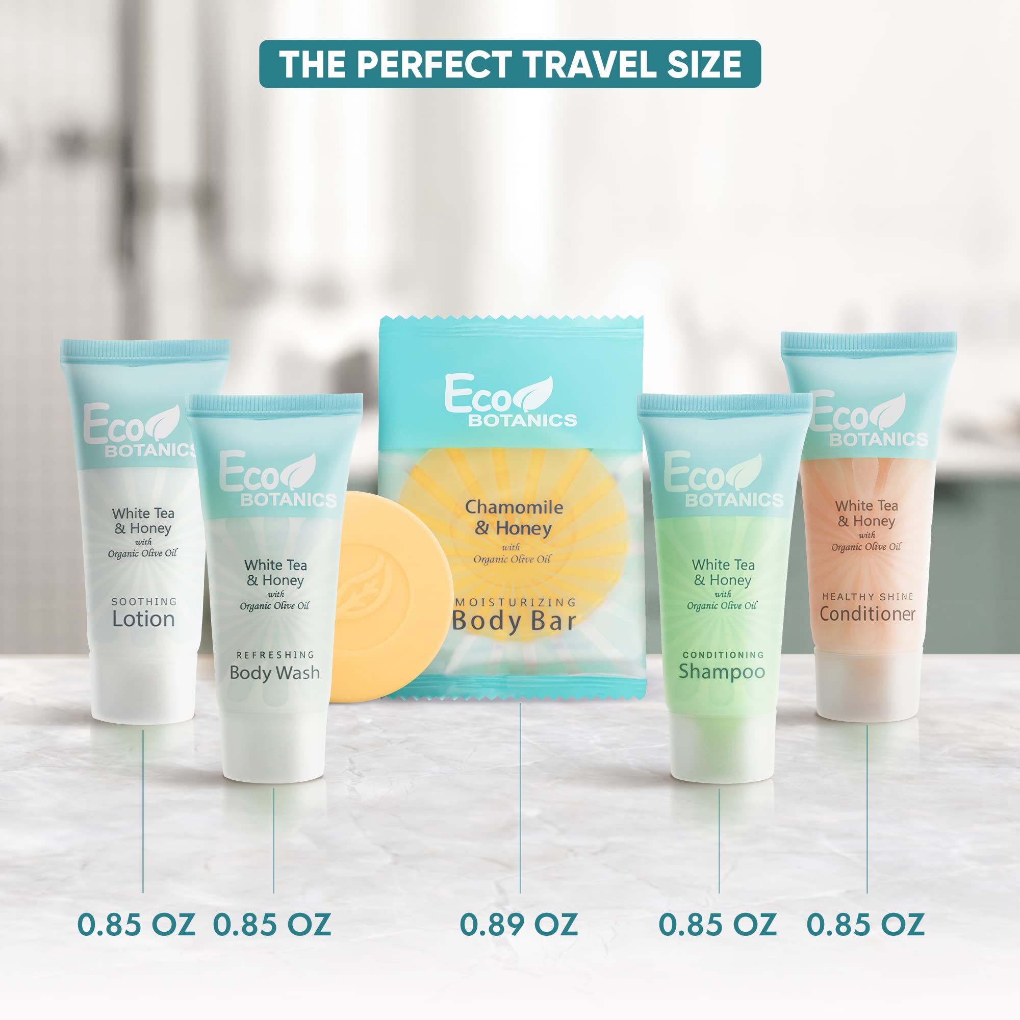 Eco Botanics Hotel Soaps & Toiletries Bulk Set | 0.85oz Hotel Shampoo & Conditioner, Body Wash, Body Lotion & Bar Soap Travel Size | 300 Pieces