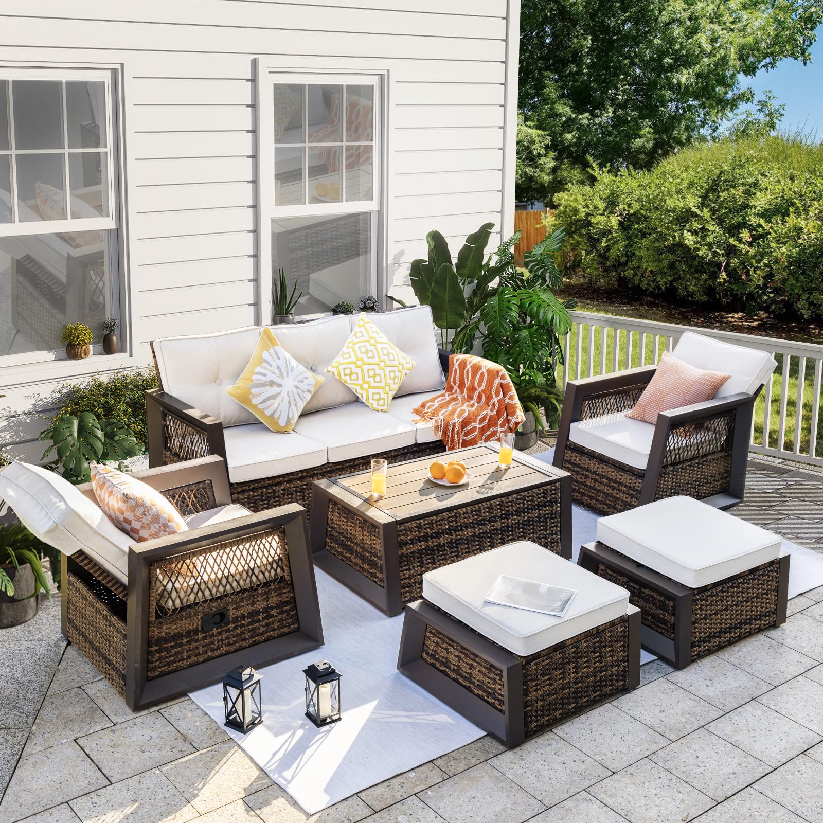 6 Pcs Outdoor Furniture Set, Patio Furniture with Aluminum Frame, Wicker Recliner Chairs with Ottomans, Modern Outdoor Conversation Set Sectional Sofa, Rattan Patio Set with Storage Table (Brown)