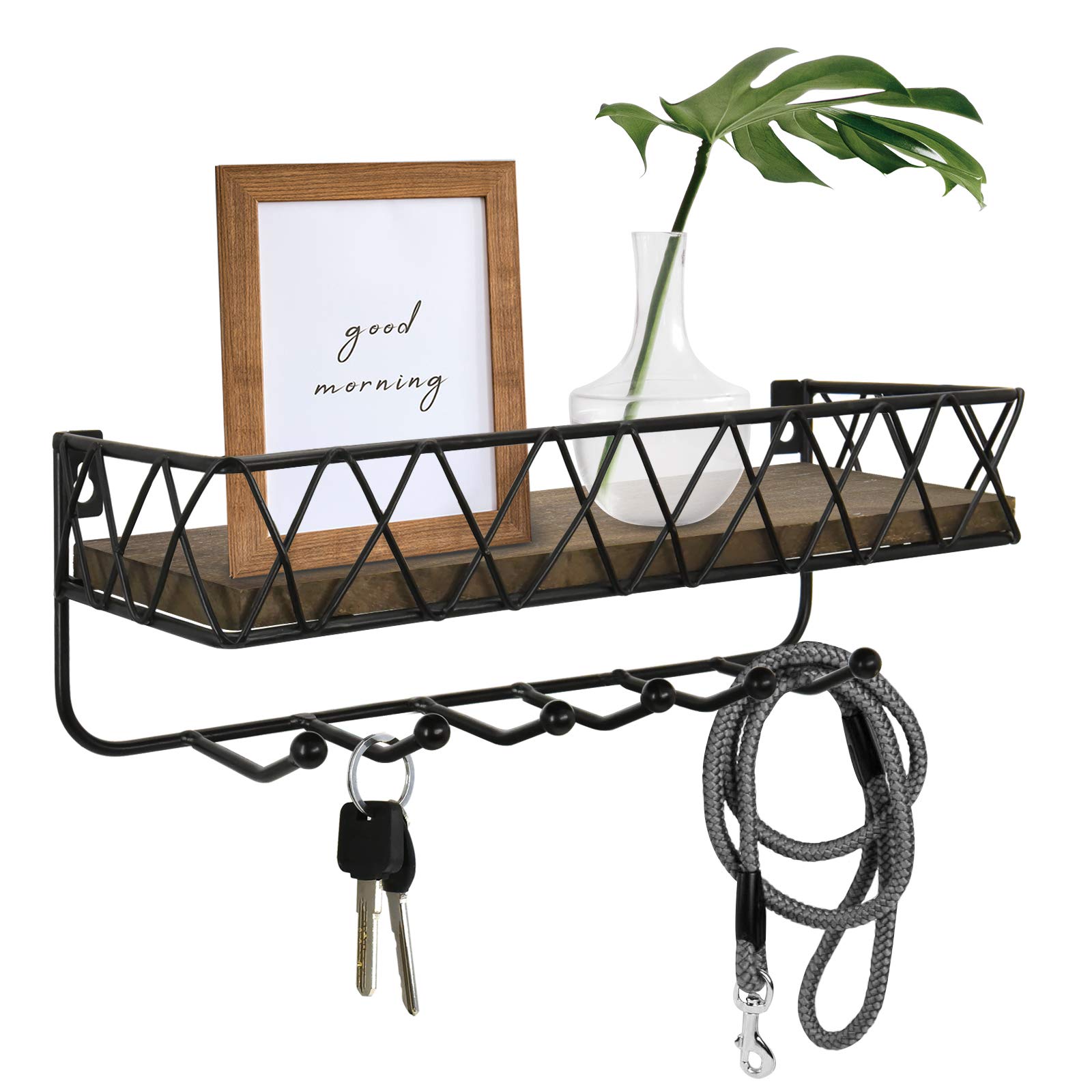 ANRXNCY Decorative Key and Mail Holder for Wall, Wall Mounted Entryway Floating Shelf with 5 Key Hooks, Decorative Metal Wire Mesh Key Holder with Shelf for Wall, Entryway, Bathroom, Office