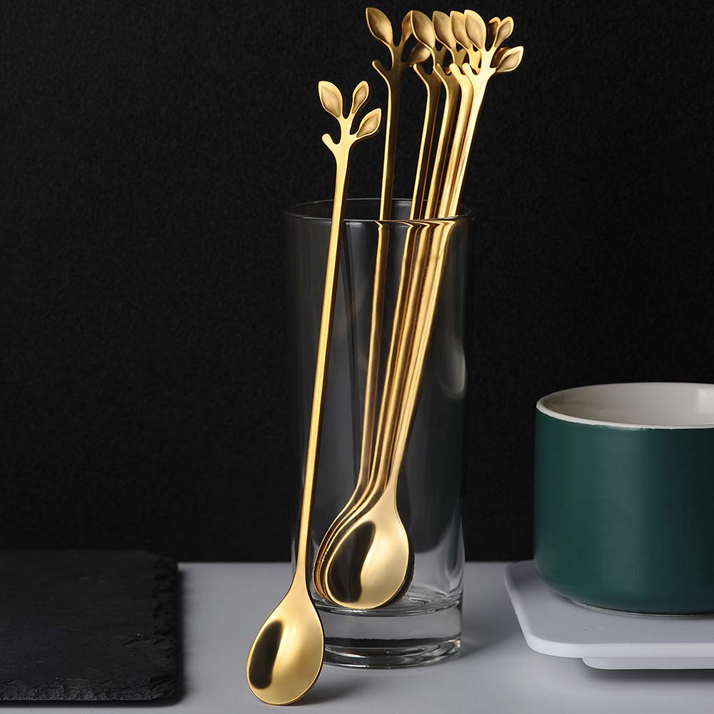 AnSaw Gold Leaf Handle Long Teaspoons - 7.4" Stainless Steel Coffee & Tea Stirring Spoons, Coffee Stir Spoon Set of 20