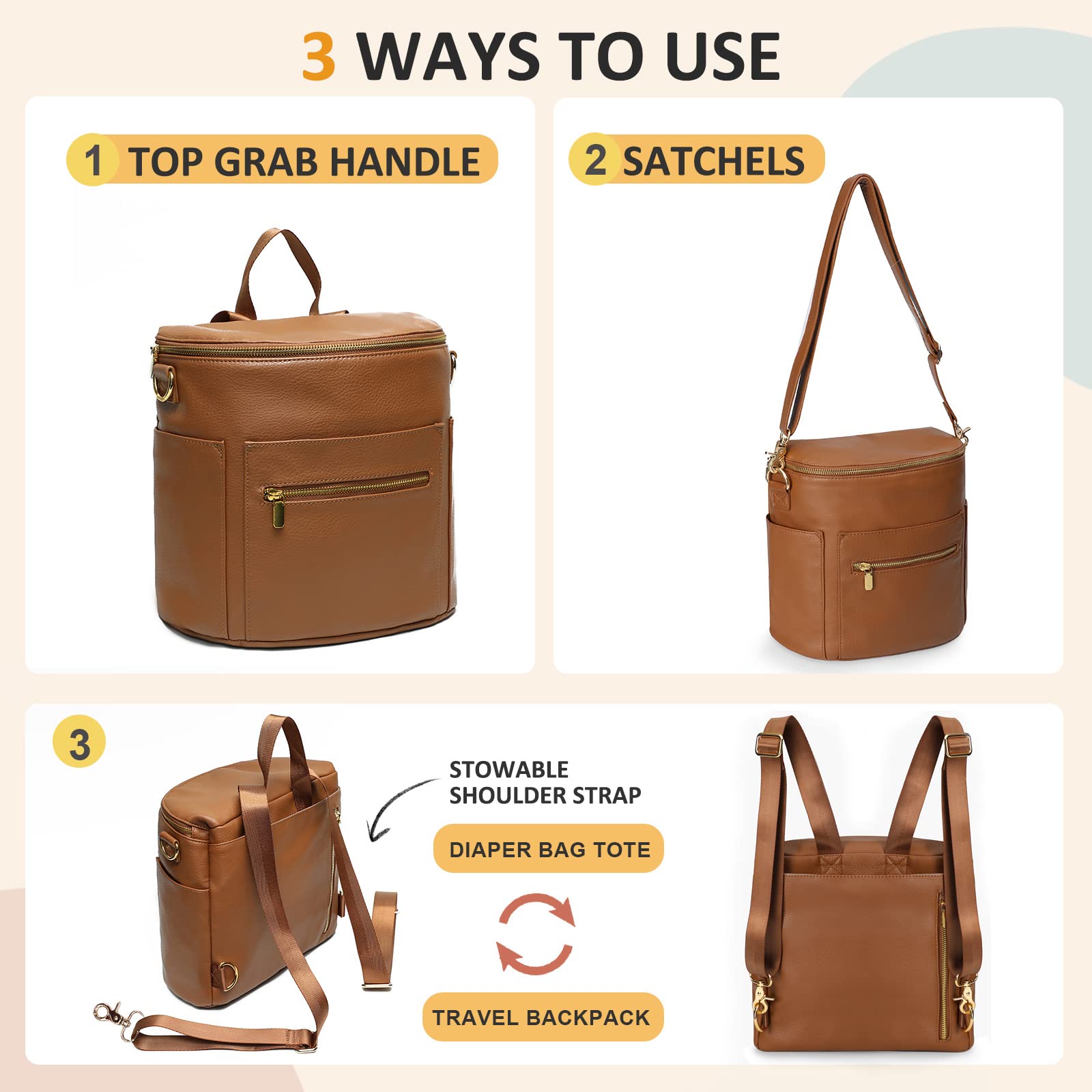 miss fong Leather Diaper Bag Backpack, Backpack Diaper Bag with Changing Pad(Regular + Mini)