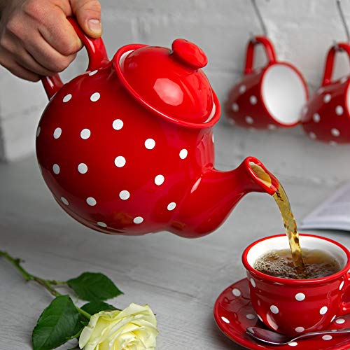 City to CottageĀ® Red and White Polka Dot Handmade Large Ceramic 1,7l/60oz/4-6 Cup Teapot with Handle and Lid, Unique Pottery Housewarming Gift for Tea Lovers