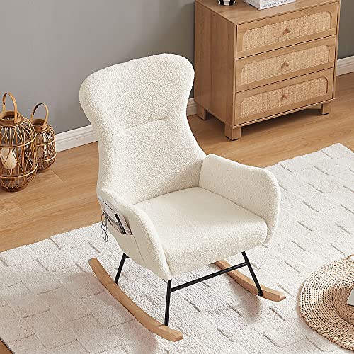dotewe Nursery Rocking Chair,Upholstered Nursery Glider Rocker with High Backrest,Modern Rocking Chair Indoor for Living Room/Bedroom/Nursery (Cream White Teddy)
