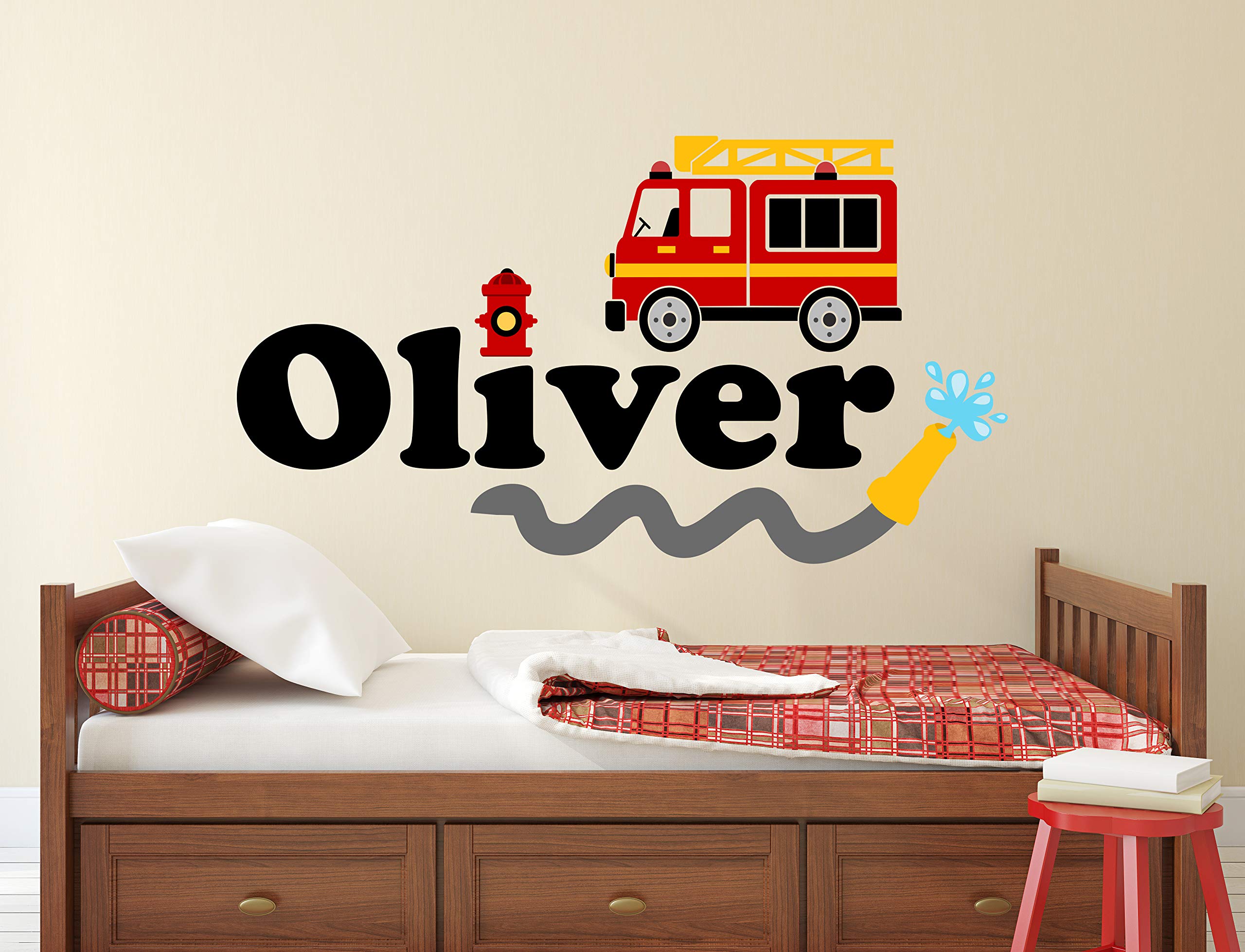 Custom Name Firetruck Wall Decal - Firetruck Wall Decals - Boys Kids Wall Decal - Nursery Wall Decals - Fire Truck Vinyl Wall Art Decor Sticker (24"W x 14"H)