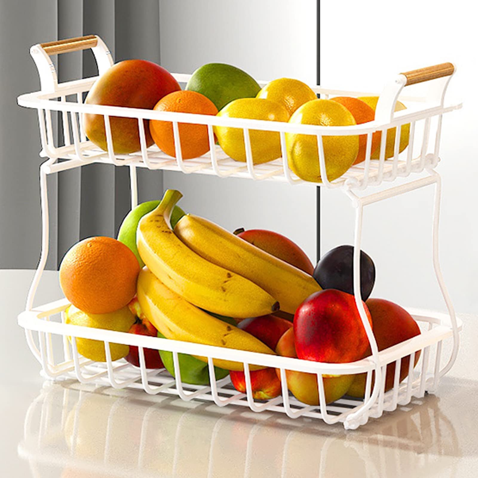 2 Tier Fruit Storage Basket Countertop for Kitchen, Bread Vegetable Farmhouse Fruit Basket Bowl Stand Detachable Metal Wire Basket with Wooden Handle for Kitchen, Reception, Dining Table(White)