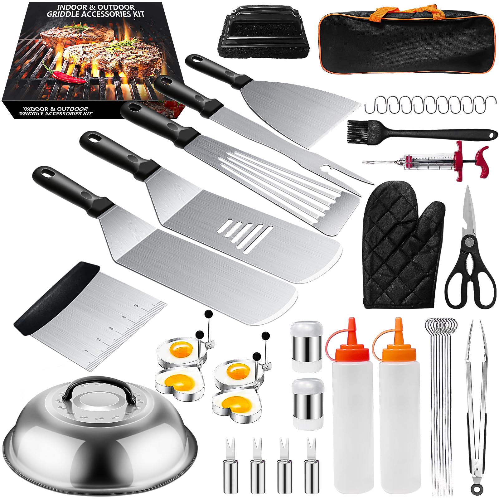 45Pcs Flat Top Grill Accessories Set for Blackstone Griddle Accessories Kit, Heavy Duty Stainless Steel Grilling Set with Enlarged Spatulas, Basting Cover, Scraper (45 Pcs Set)