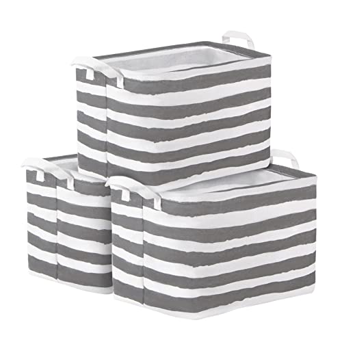 Consmos Rectangle Storage Baskets for Organizing Shelves Set of 3, Collapsible Canvas Storage Bins Nursery Hamper Toy Storage Organizer with Handles for Toys Books Clothes, Gray& White Stripe