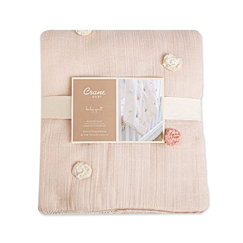 Crane Baby Blanket, Soft Cotton Pom Pom Nursery and Toddler Blanket for Boys and Girls, Light Pink, 36β x 36β