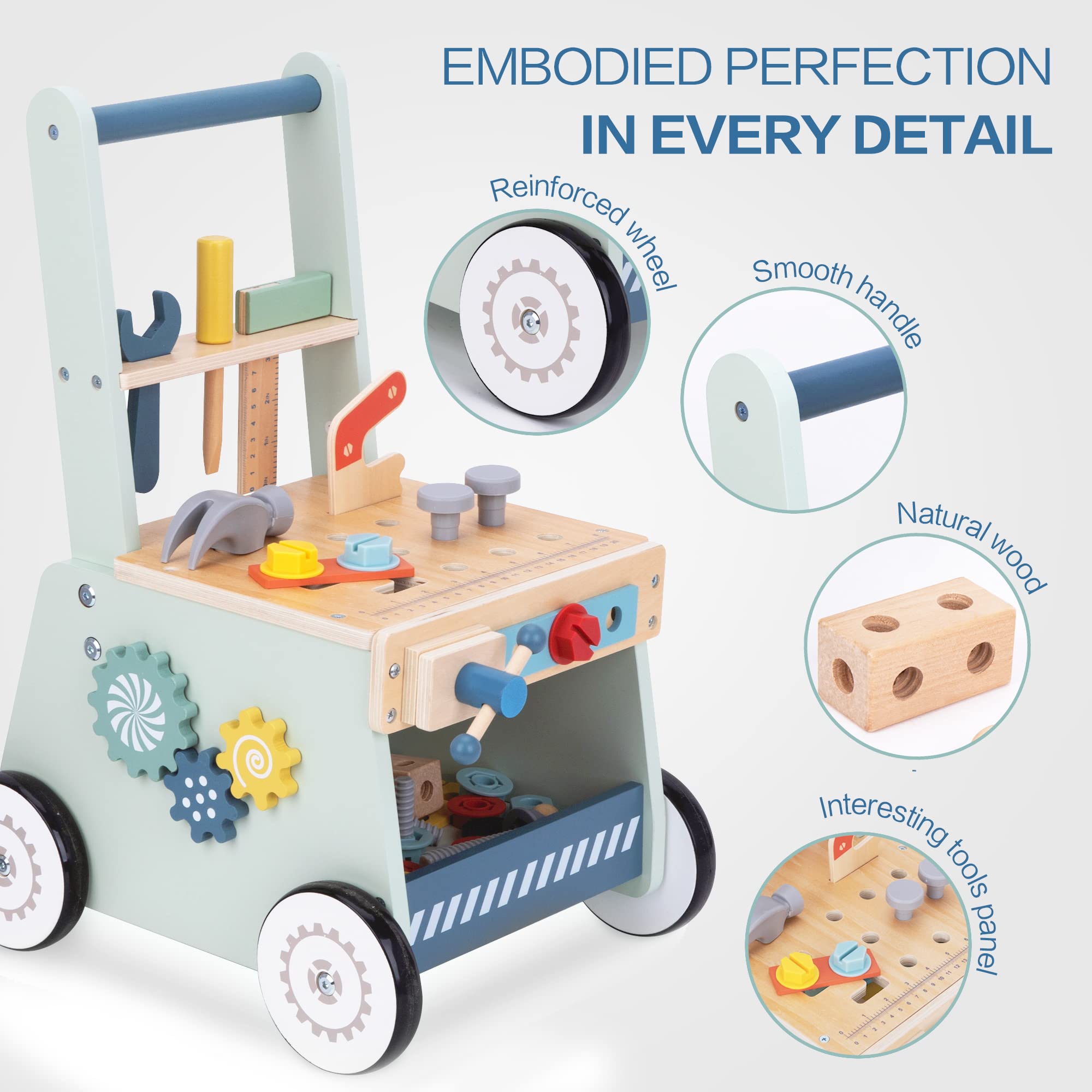 2-in-1 Baby Push Walker - Wooden Push Walker and Tool Toy for Babies - Toddler Learning Activity Walker for Girls Boys 1-3 Years - Educational and Sturdy Construction